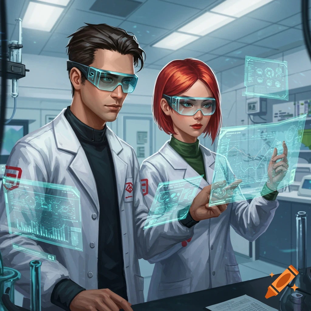 Duo and Spanish duo with cyber glasses in a science laboratory on Craiyon