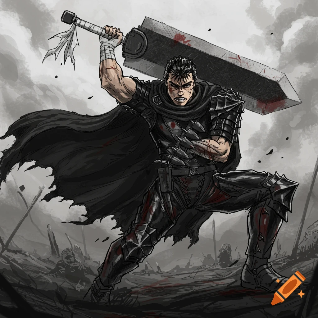 Sketch of Guts from Berserk swinging his sword on Craiyon