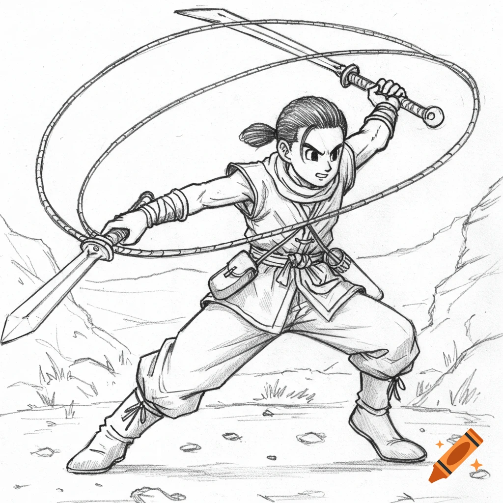 Black and white sketch of a young man in a fighting stance, holding a ...