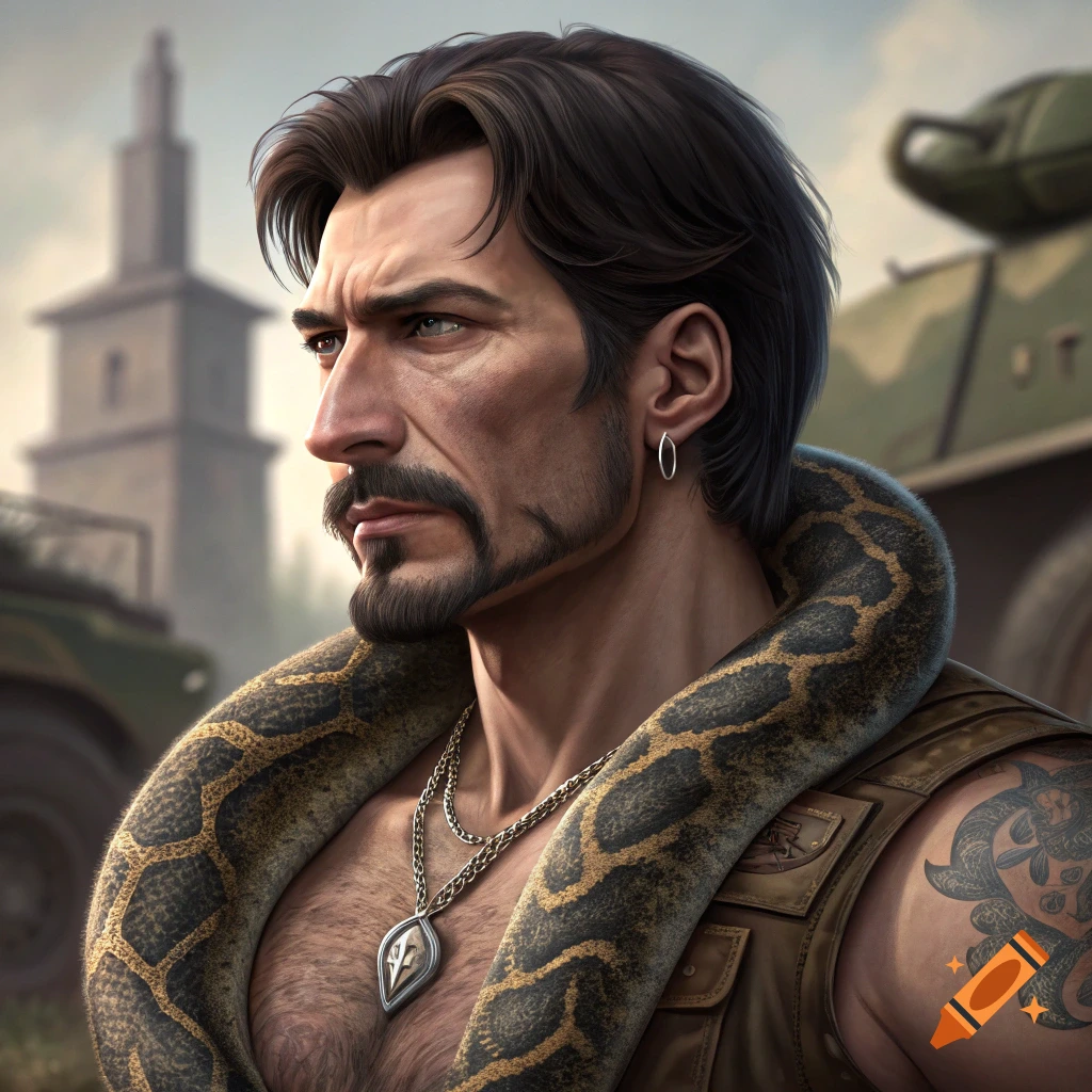 Portrait of a rugged man with a snake around his shoulders in a ...