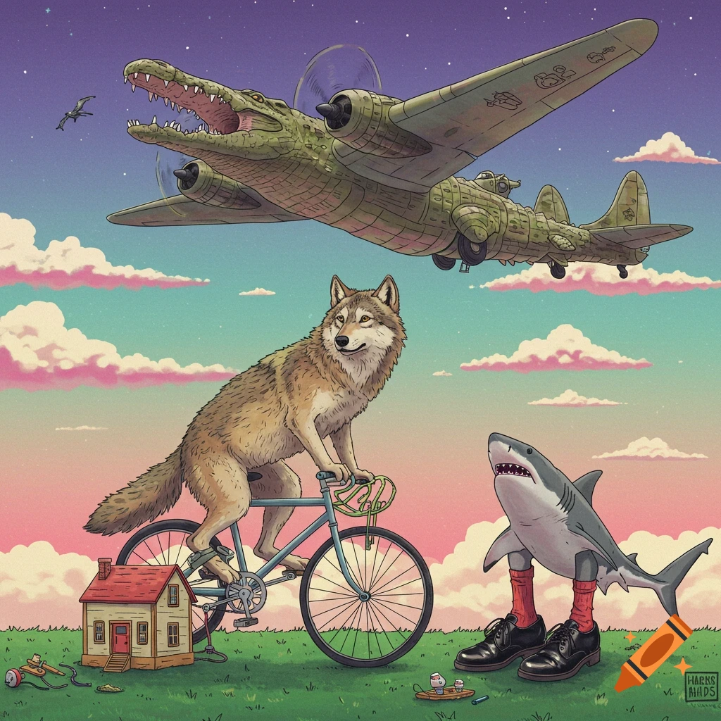 Wolf on bicycle with unique shoes and companions on Craiyon