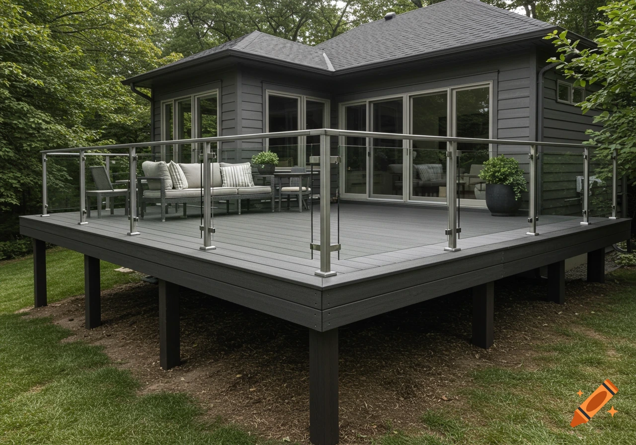 A gray corner deck with glass railing and furniture outside a modern ...