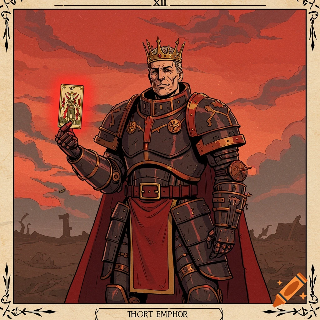 Emperor Tarot card in Fallout style, red color scheme, mixed media art ...