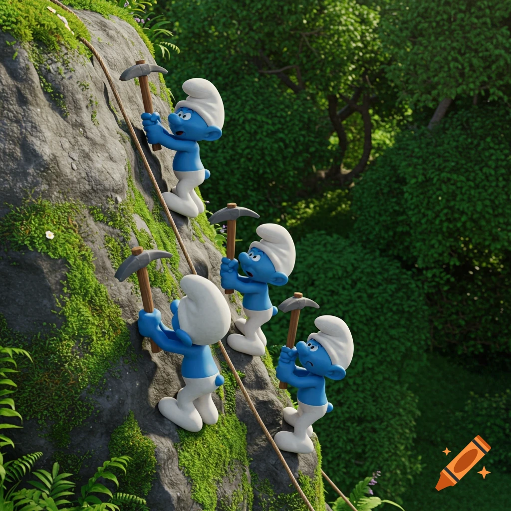 Smurfs climbing a cliff with pickaxes and rope on Craiyon