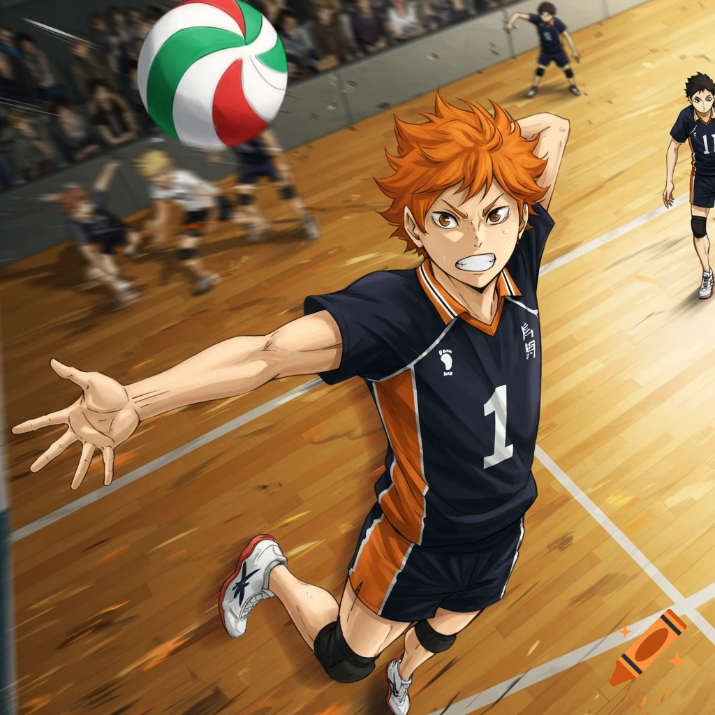 Hinata Shoyo spiking a volleyball on Craiyon