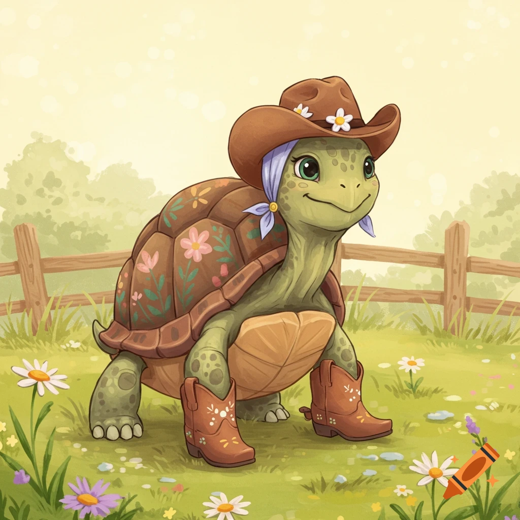 Cute turtle wearing a cowgirl hat and boots on Craiyon