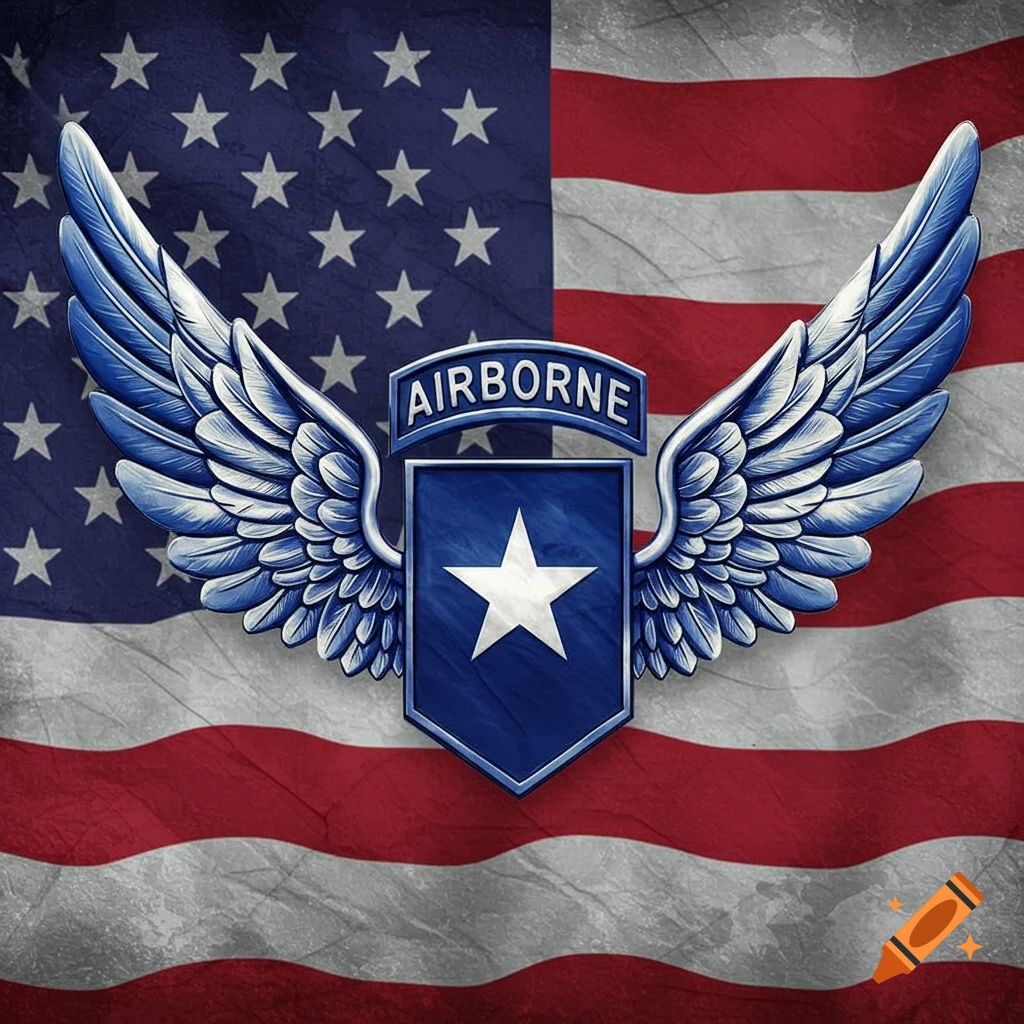 US Airborne Wings emblem over a distressed American flag background. on Craiyon