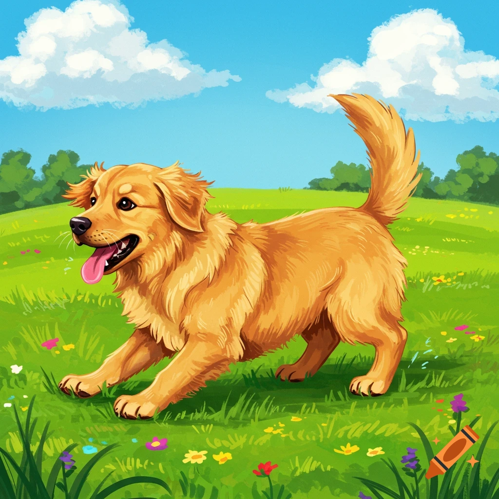 A golden retriever dog in a play bow stance in a grassy field with ...