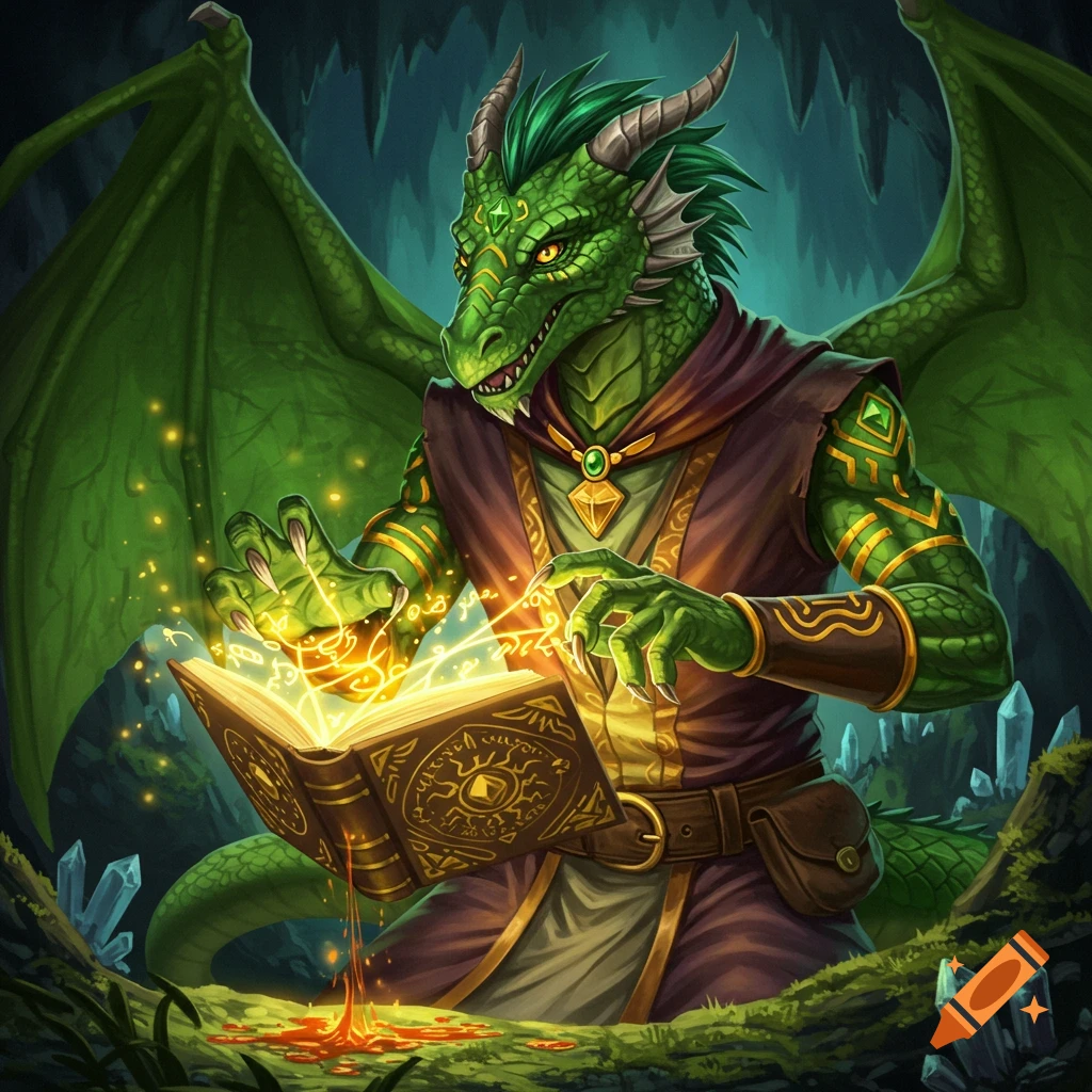 A green Dragonborn wizard casts a spell from a glowing book in a cave ...