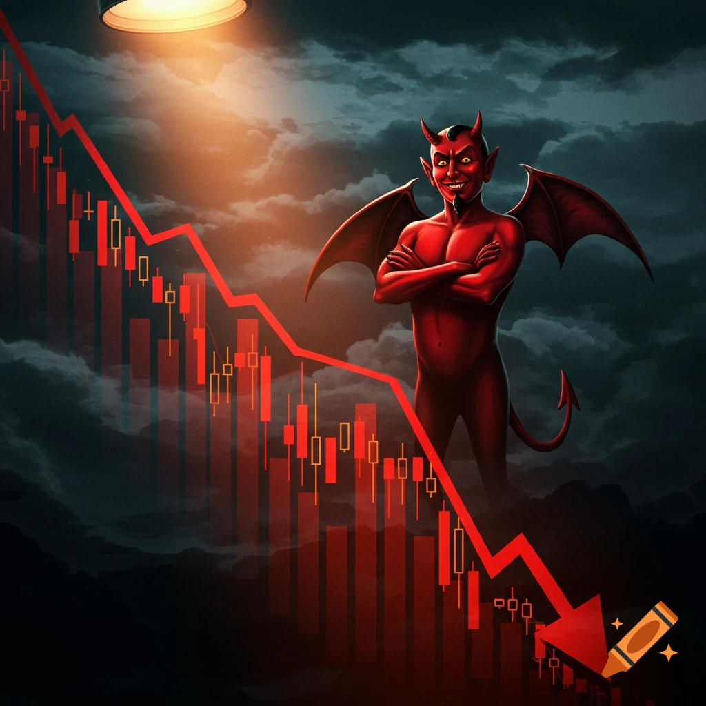 Red cartoon devil standing beside a crashing red stock market graph ...