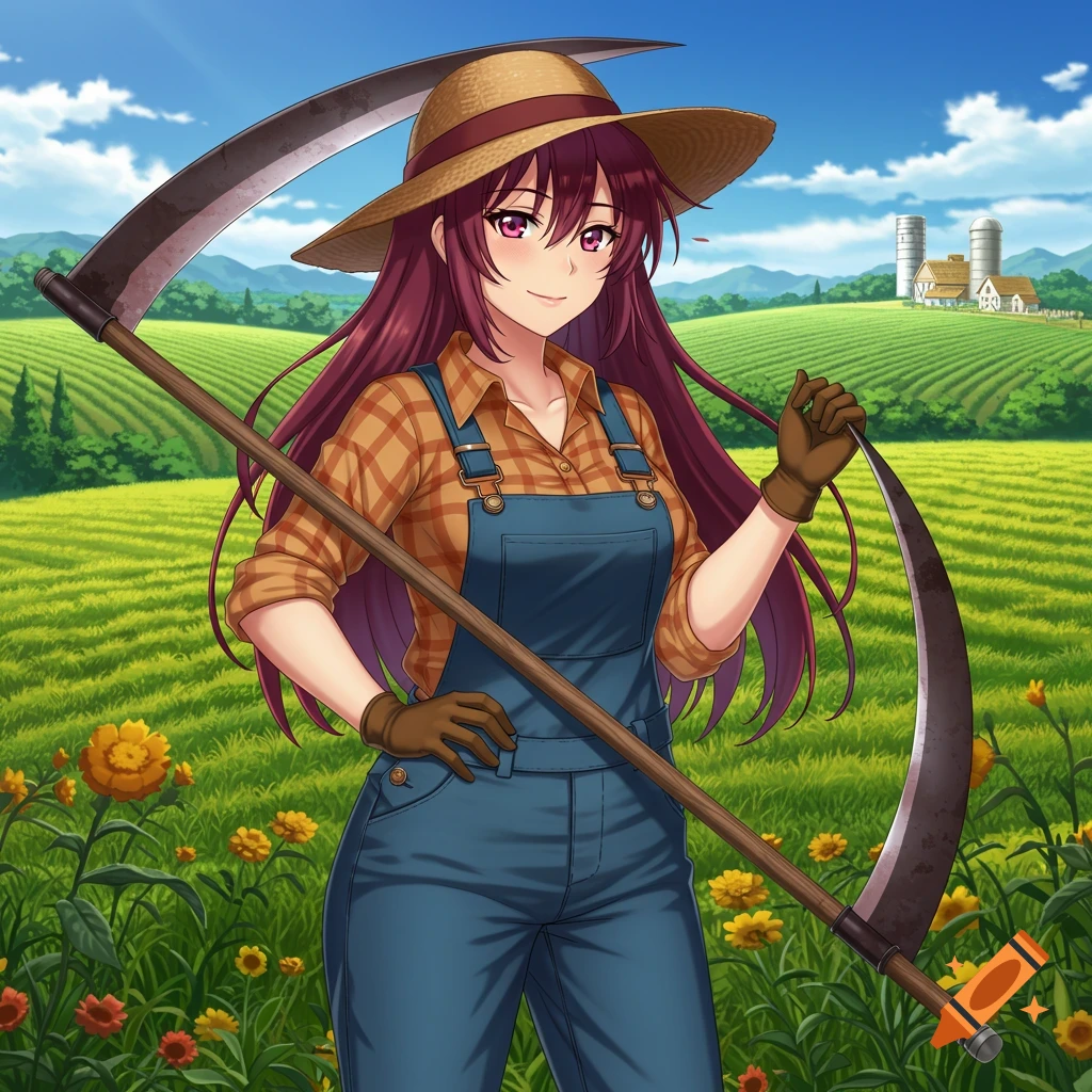 Anime-style image of a man in overalls and straw hat kneeling in a ...