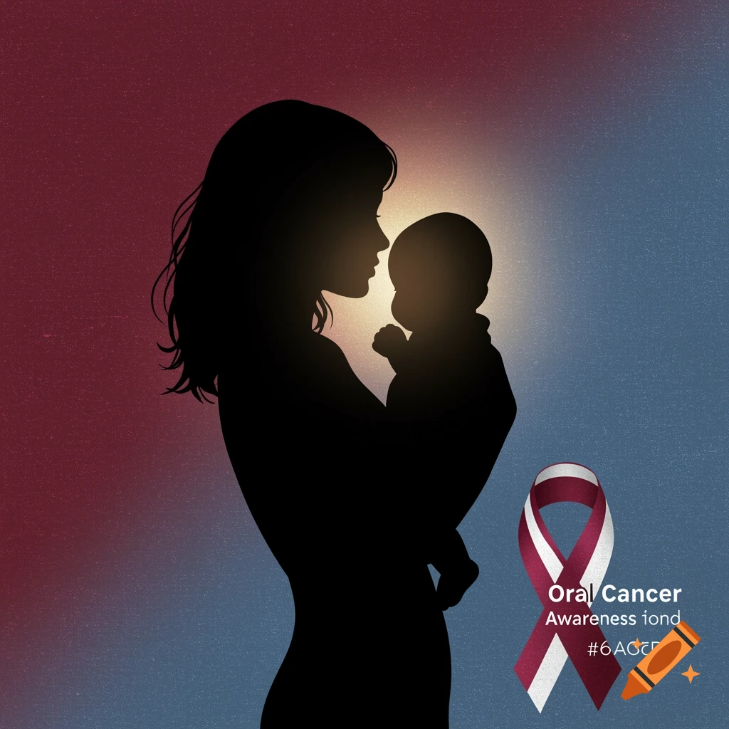 Silhouette of woman holding baby with oral cancer awareness ribbon on ...