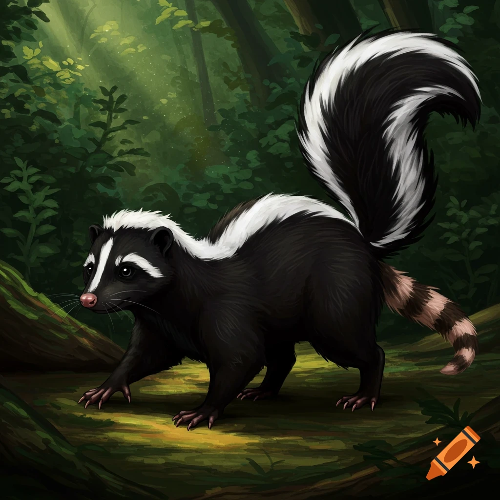 A skunk-like hybrid animal walking through a forest. on Craiyon