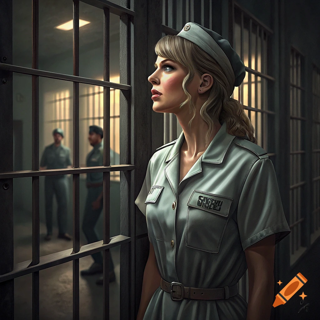 A woman resembling Taylor Swift looks out from behind prison bars while ...