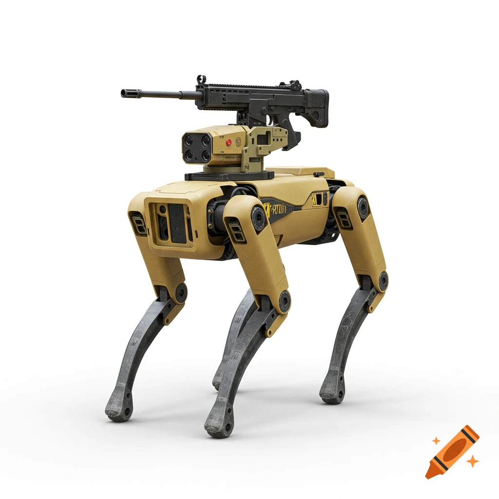 A realistic military robot dog with a gun mounted on its back stands ...