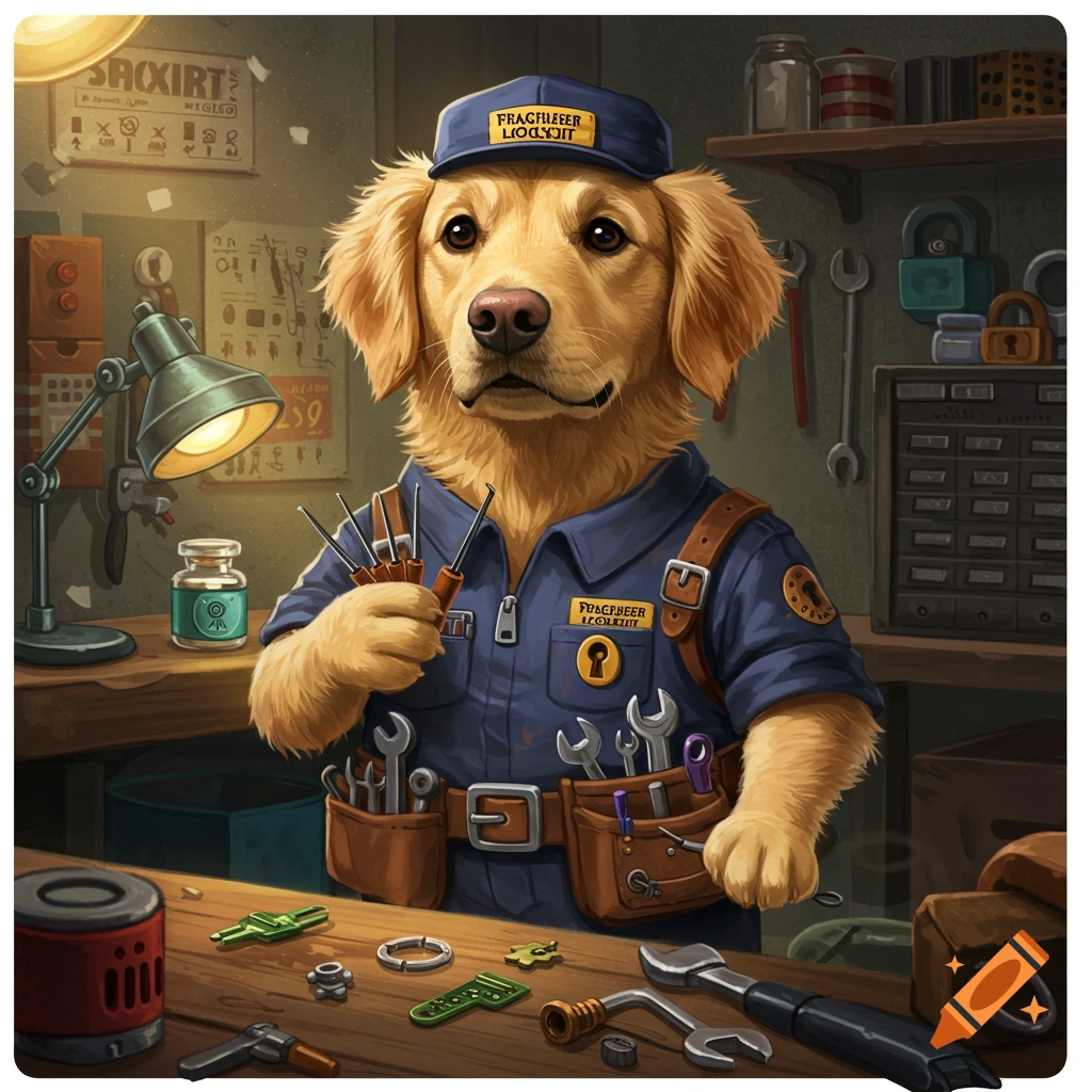 A golden retriever dog dressed as a locksmith holding lock picks at a ...