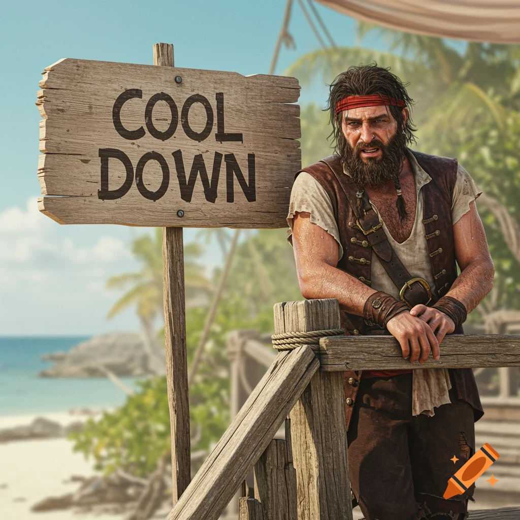 Cool Down sign with a sweaty buccaneer illustration on Craiyon
