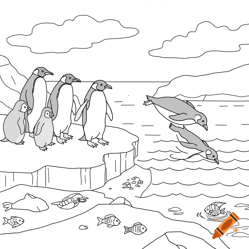 Black and white line drawing of penguins on ice. on Craiyon