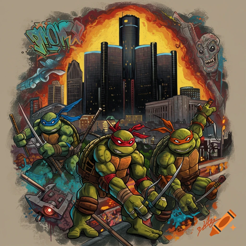 Four Teenage Mutant Ninja Turtles ski down a snowy mountain in a ...