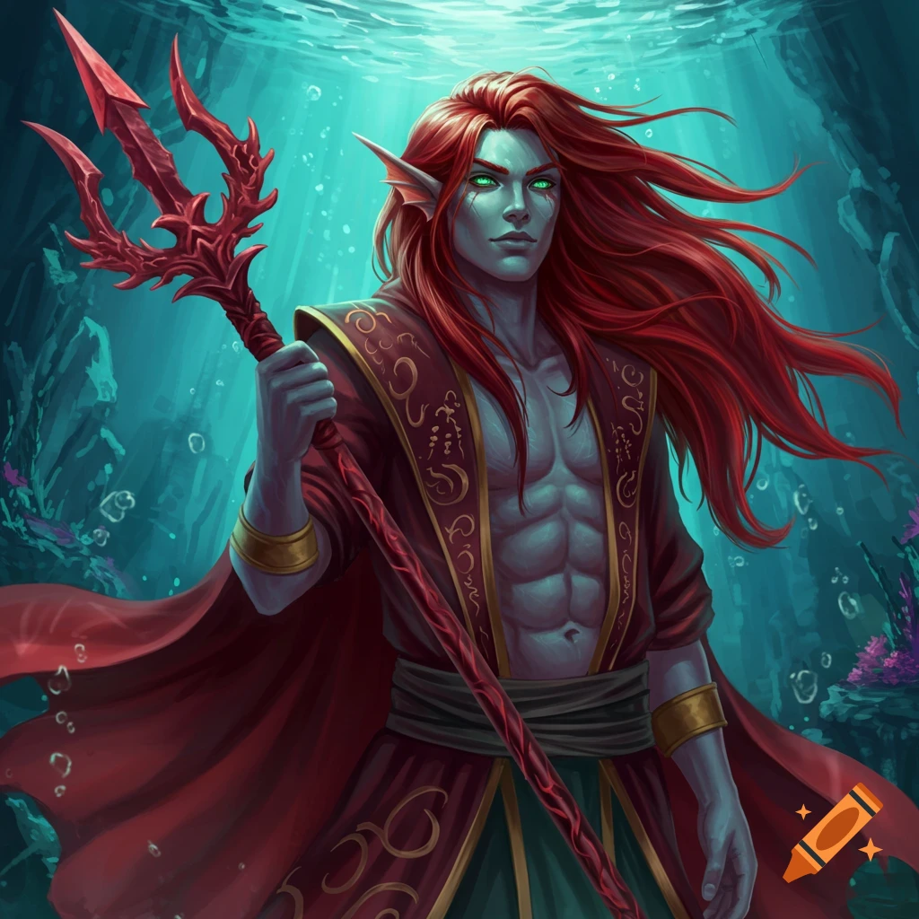 A red-haired male sea elf holds a trident underwater. on Craiyon