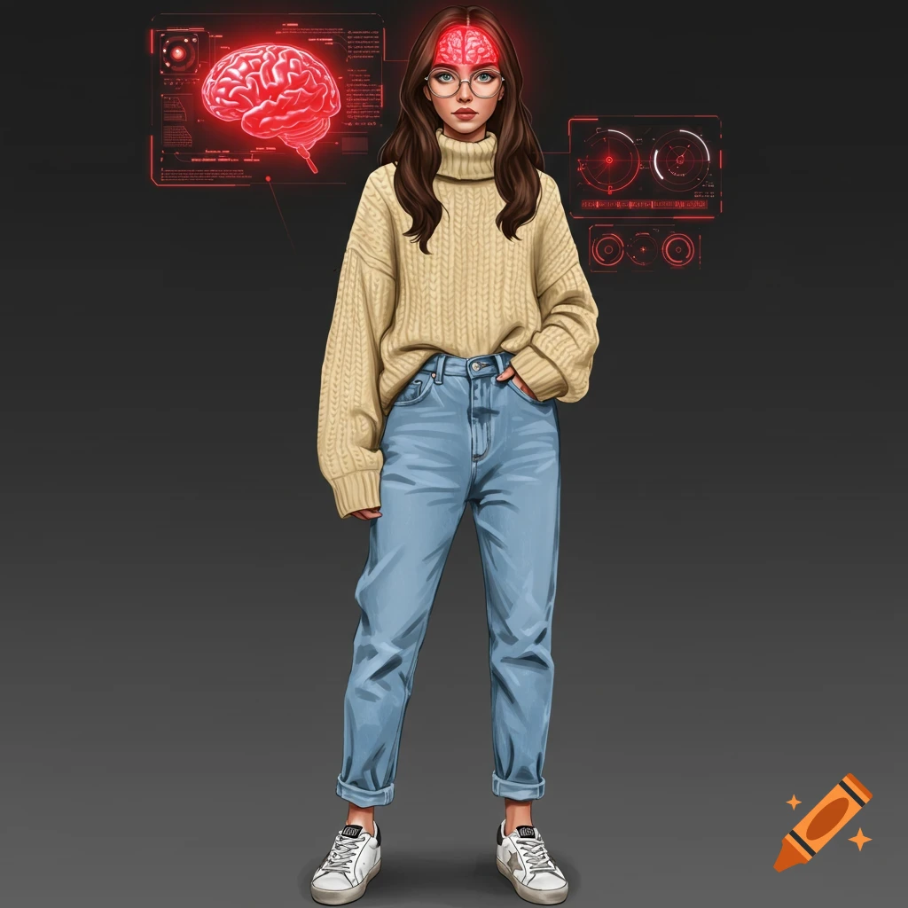 Woman in oversized sweater and jeans with glowing computer interface visualizing her brain on ...