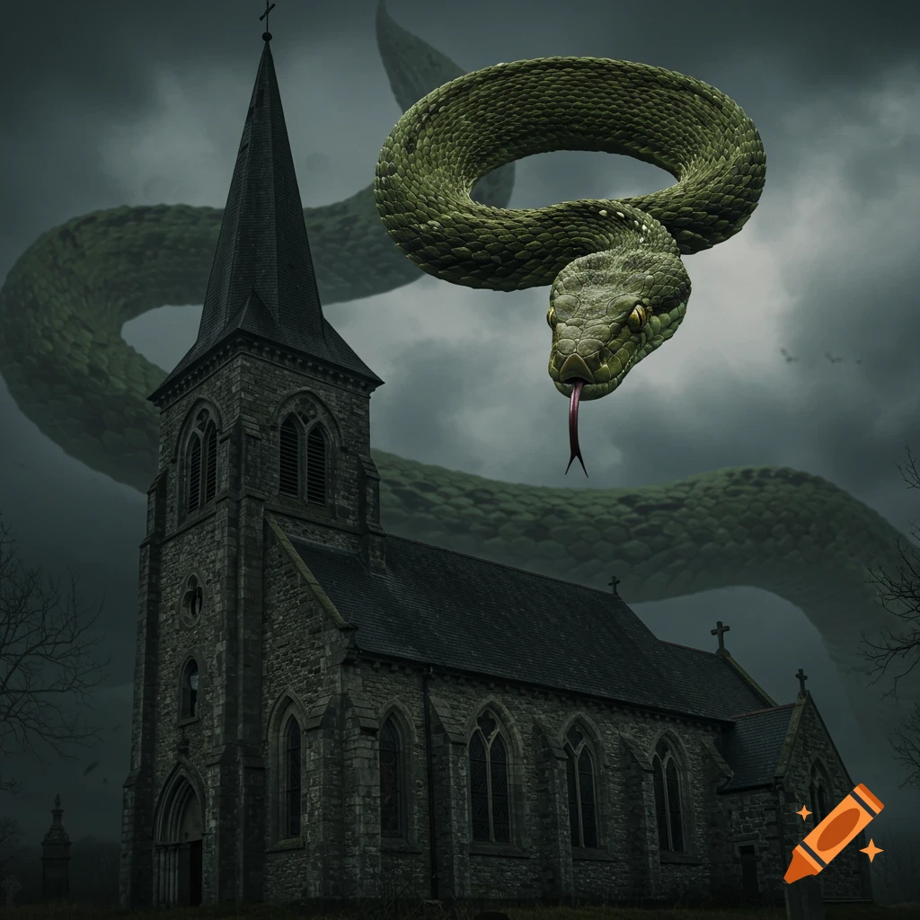 Church with green, brown, and black snake hovering above it on Craiyon