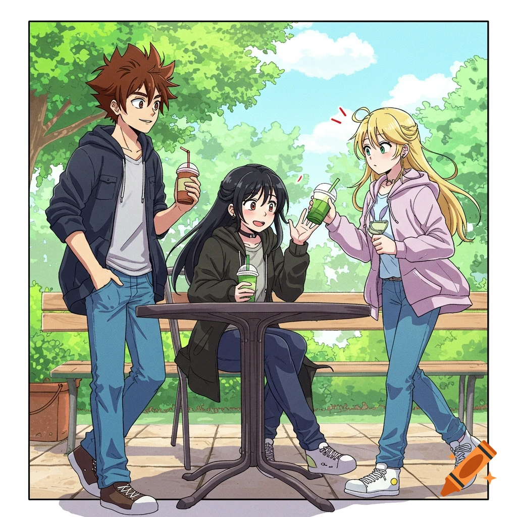 Three friends in anime style on Craiyon