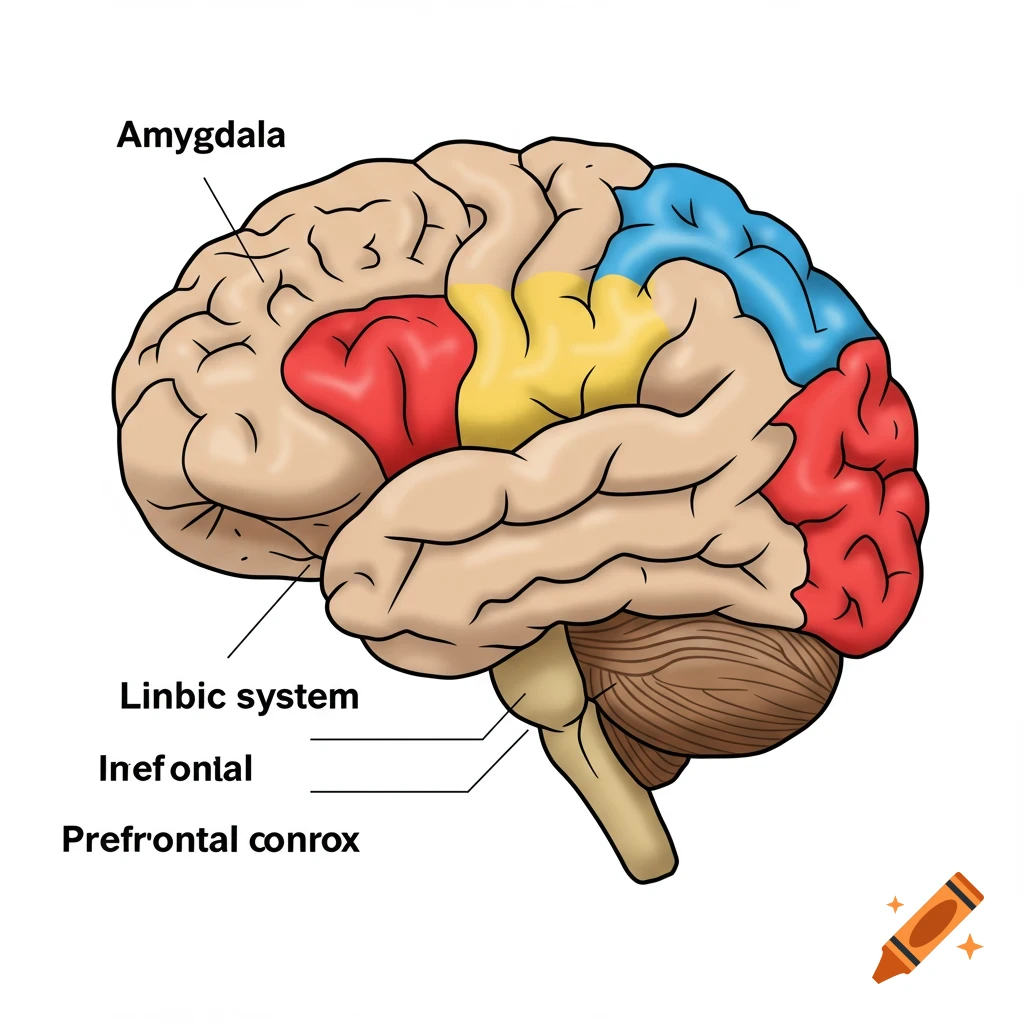 Brain anatomy highlighting amygdala, limbic system, and prefrontal cortex on Craiyon