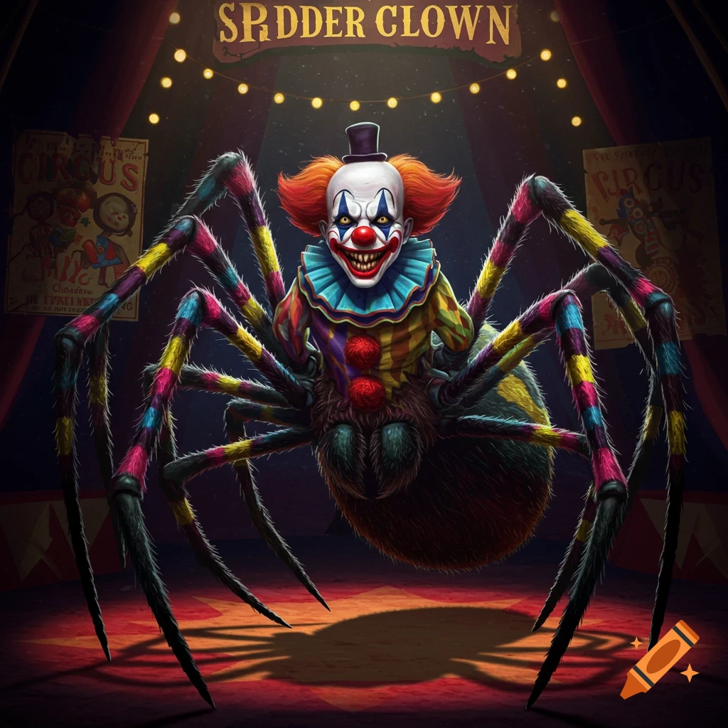A clown with a spider body and legs in a circus tent. on Craiyon