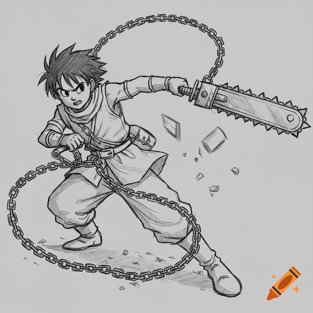 A young man attacks with a chainsaw chain whip in a dynamic sketch ...