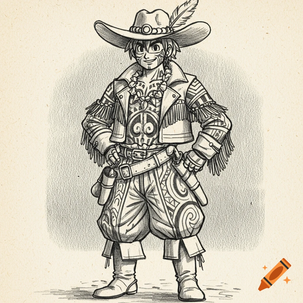 Pencil sketch of a young man in Dragon Quest style wearing Wild West ...