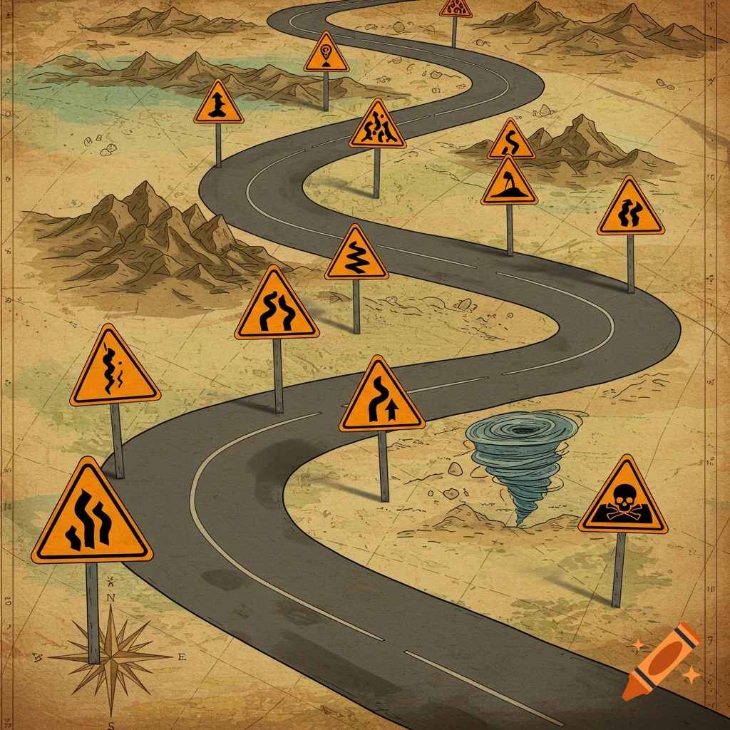 Road map with warning signs for challenges on Craiyon