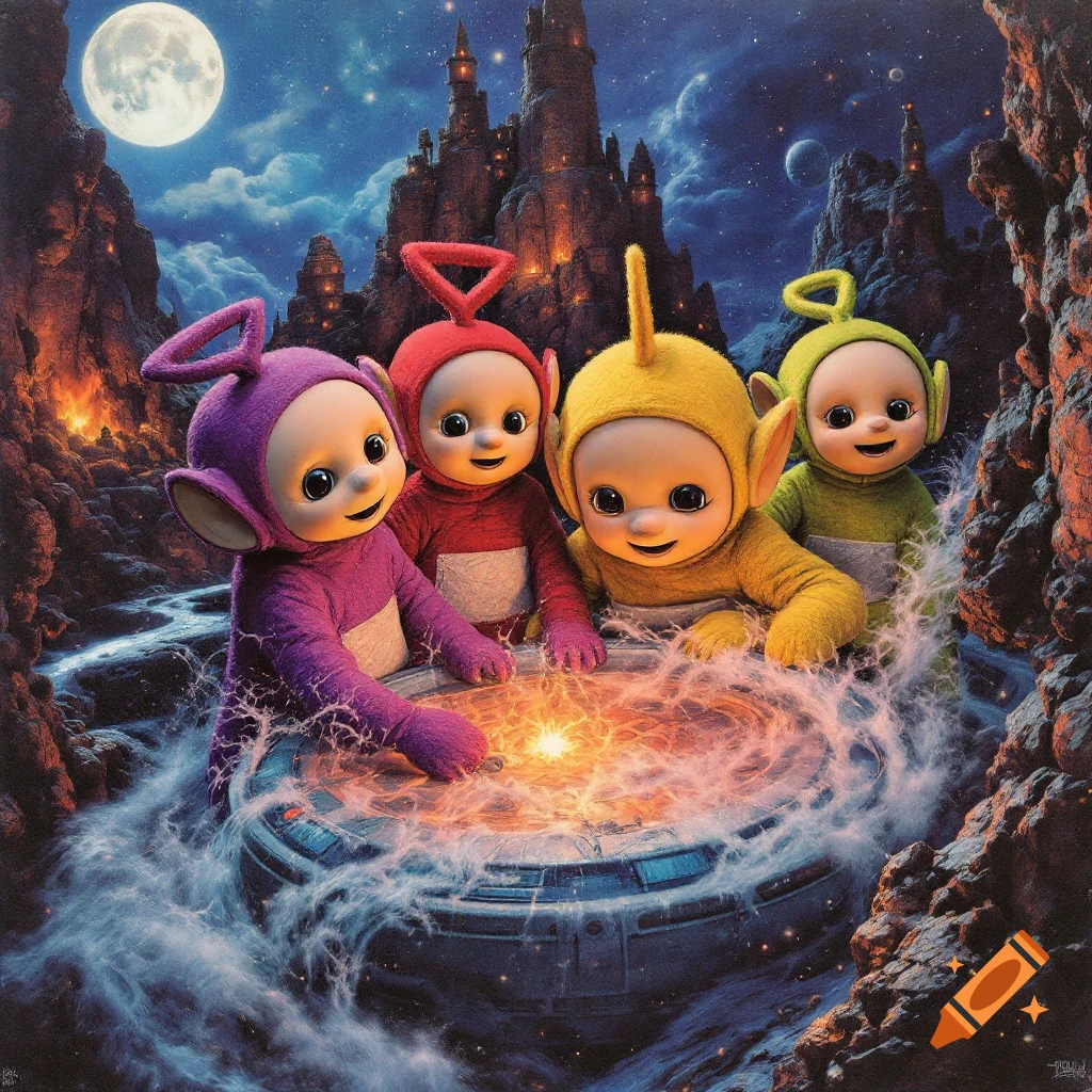 Four Teletubbies gather around a glowing object in a dark fantasy ...