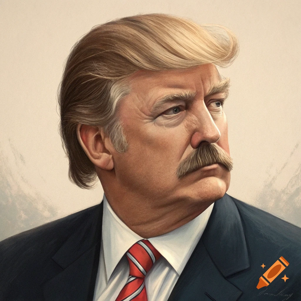 Stylized portrait of Donald Trump with a mustache, suit, and red tie ...