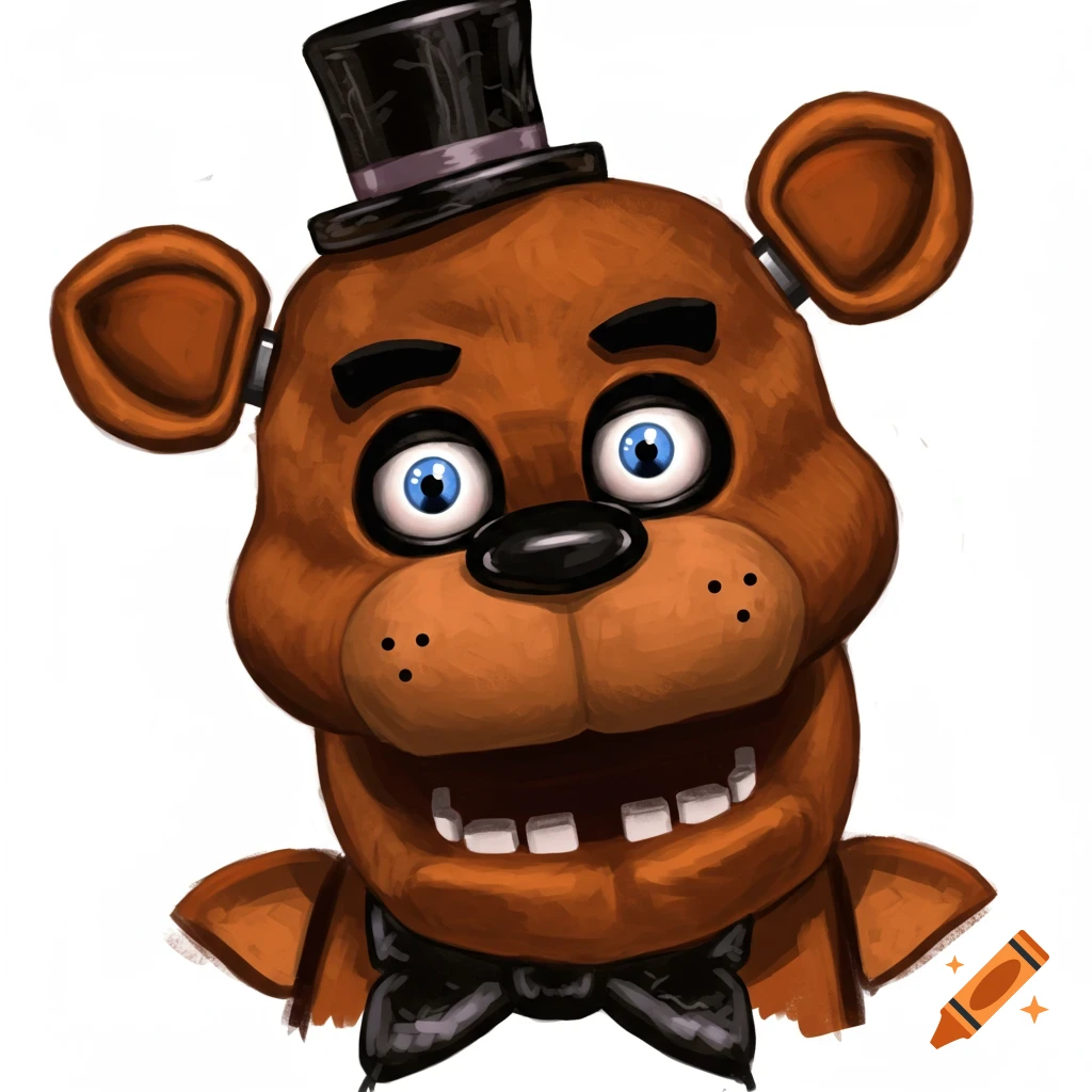 Close-up of Freddy Fazbear with a top hat and bow tie. on Craiyon