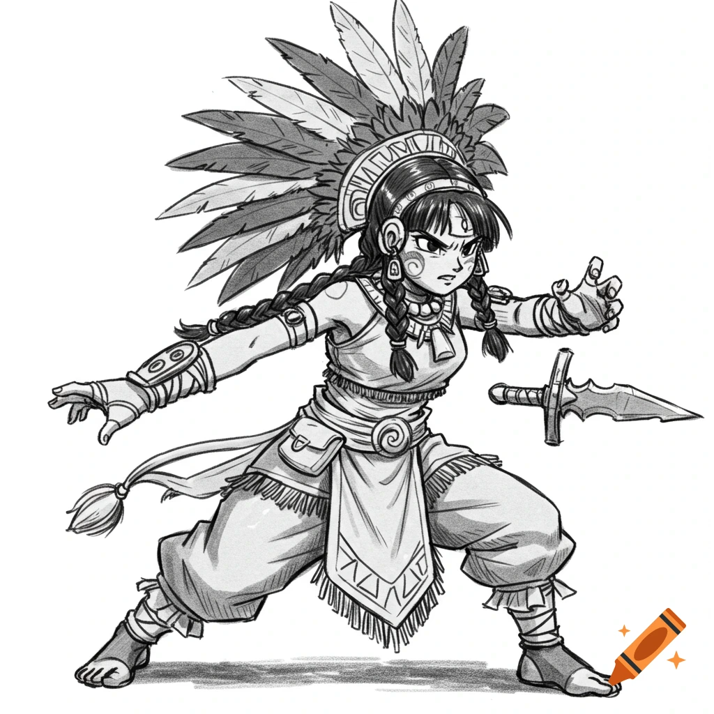Black and white pencil sketch of a young Aztec woman in fighting pose ...