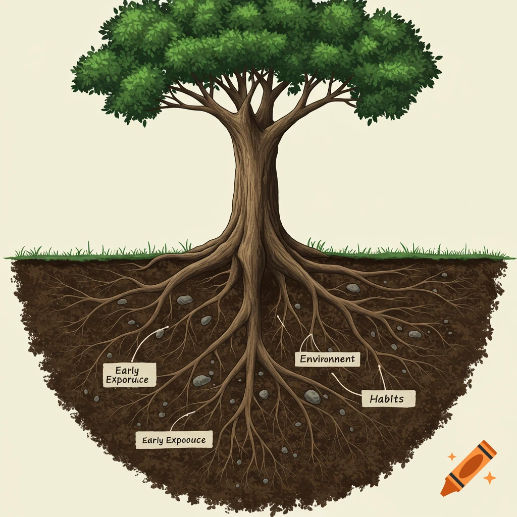 Tree diagram with roots labeled 'Early Exposure', 'Environment ...
