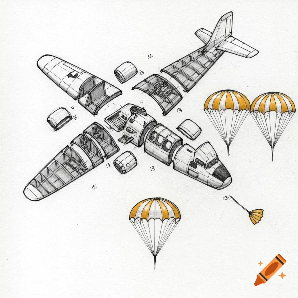 Sketch of an exploded airplane diagram showing parts and parachutes. on ...