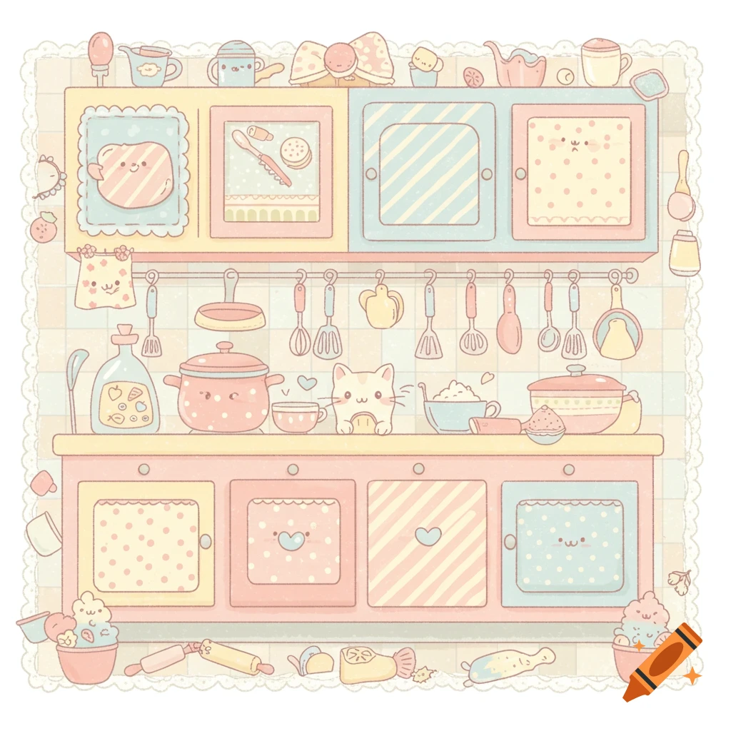 Cute illustrations of food and drinks cover a cafe wall above a table ...