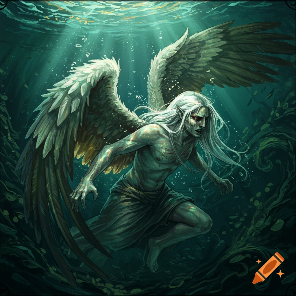 An angel struggling like a swimmer in water on Craiyon