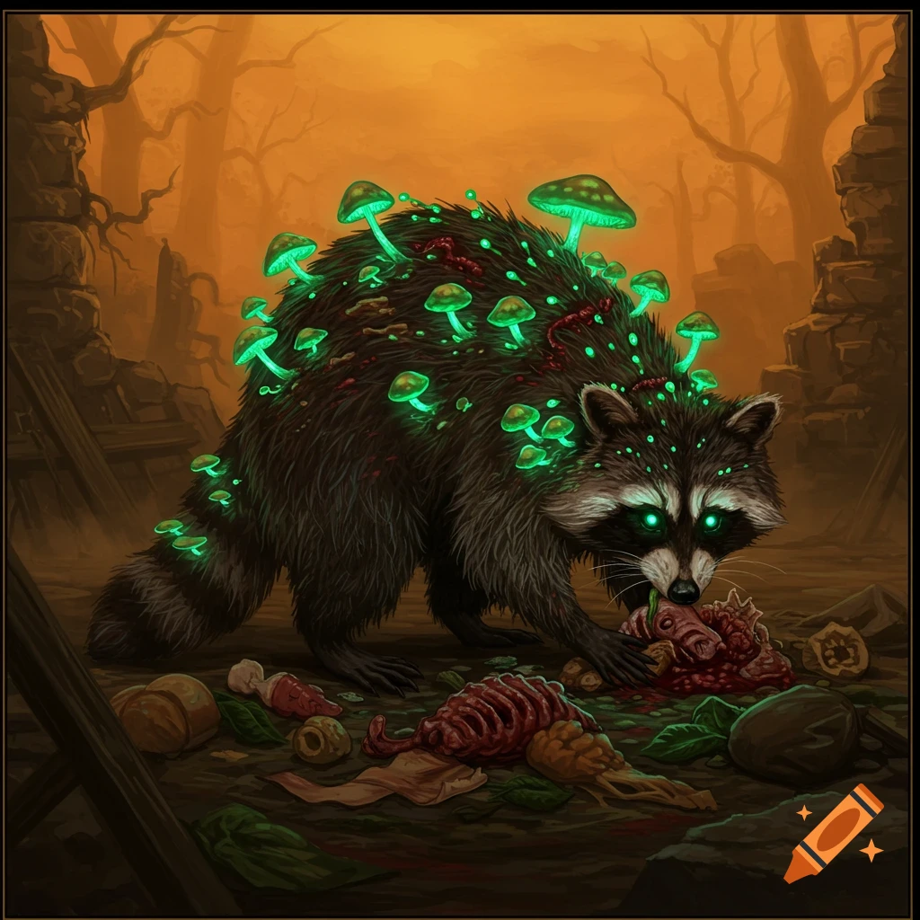 Evil spore-infested mushroom raccoon eating trash in archaic times on ...