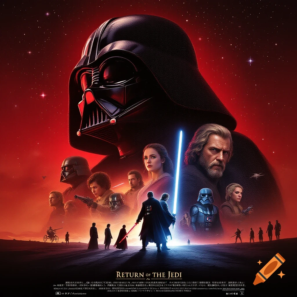 Star Wars poster with Darth Vader looming over Luke, Rey, Han, Leia ...