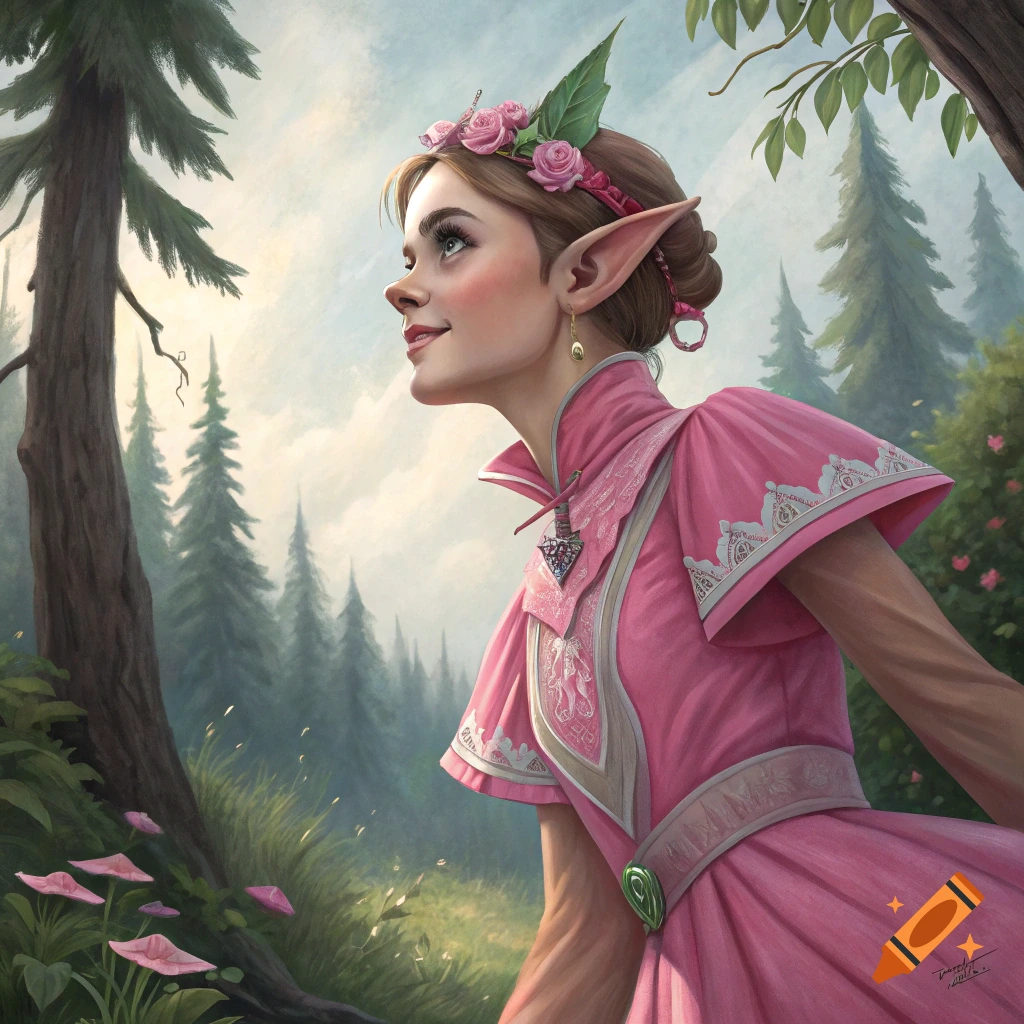 Julia Lemigova as an elf in a pink outfit on Craiyon