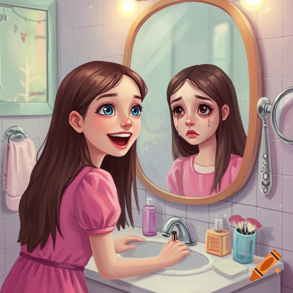 Girl smiling into mirror, reflection crying on Craiyon