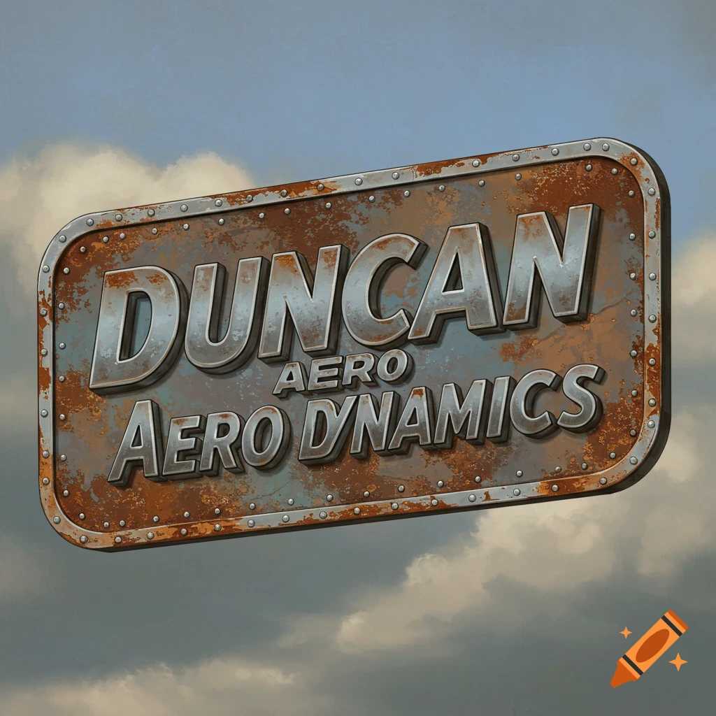 A rusty metal sign reads "Duncan Aero Dynamics" against a cloudy sky ...