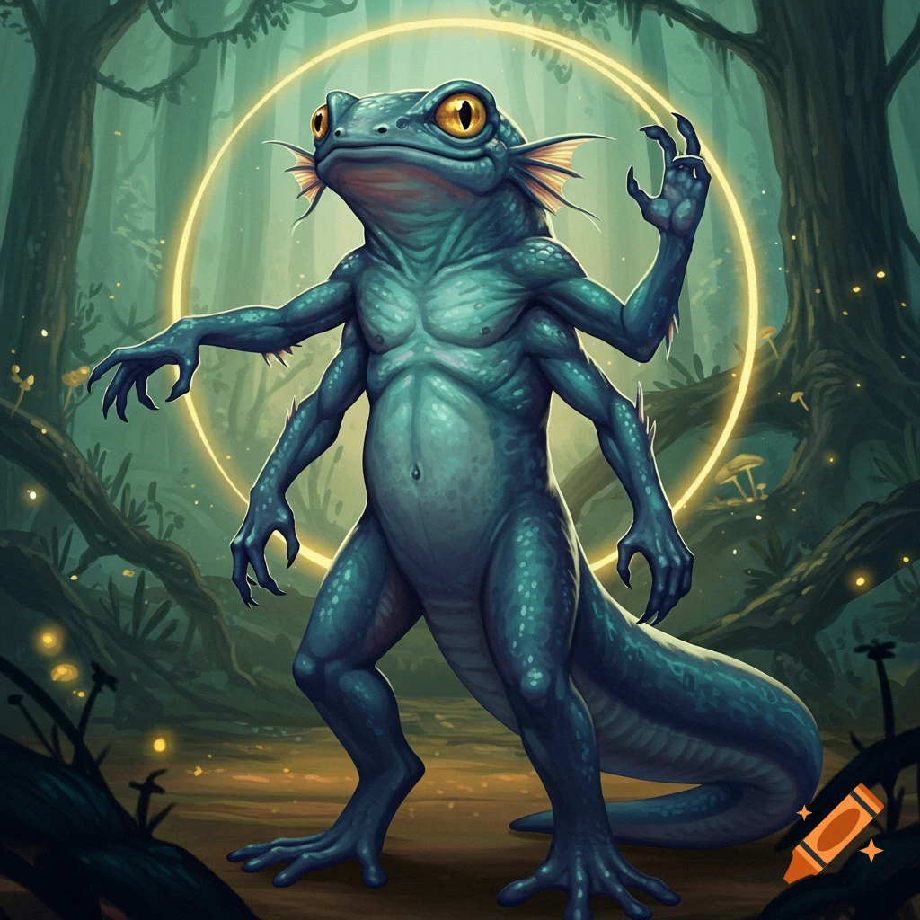 Bipedal salamander creature with four arms and six eyes on Craiyon