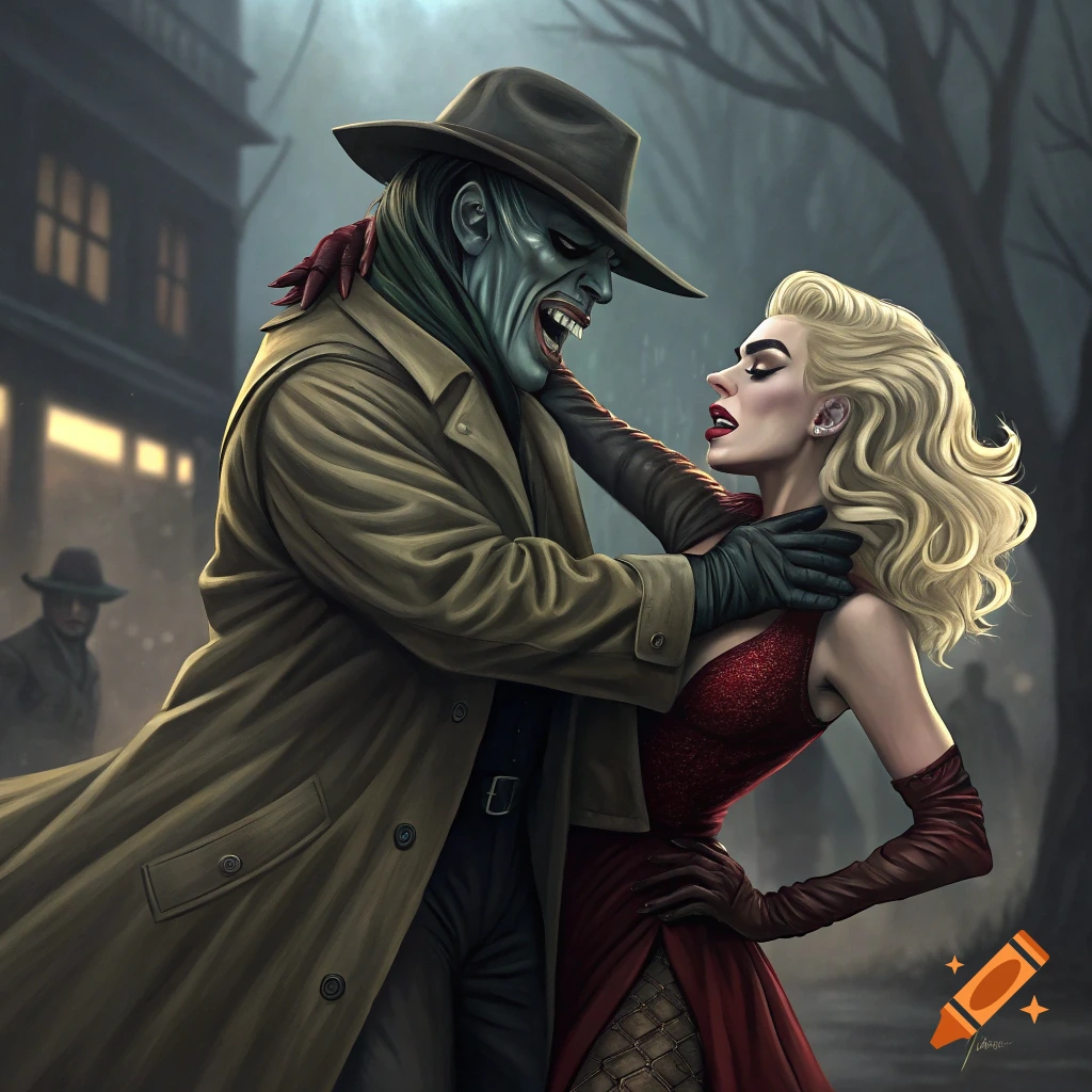 Jeepers Creepers character dancing with Lady Gaga, dark realism on Craiyon