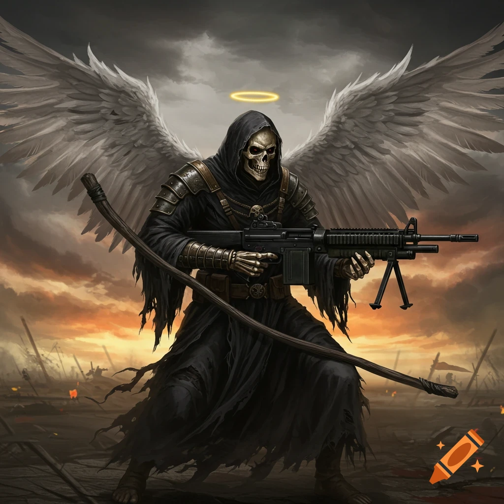 Grim reaper with angelic wings aiming an M-249 with scythe on Craiyon