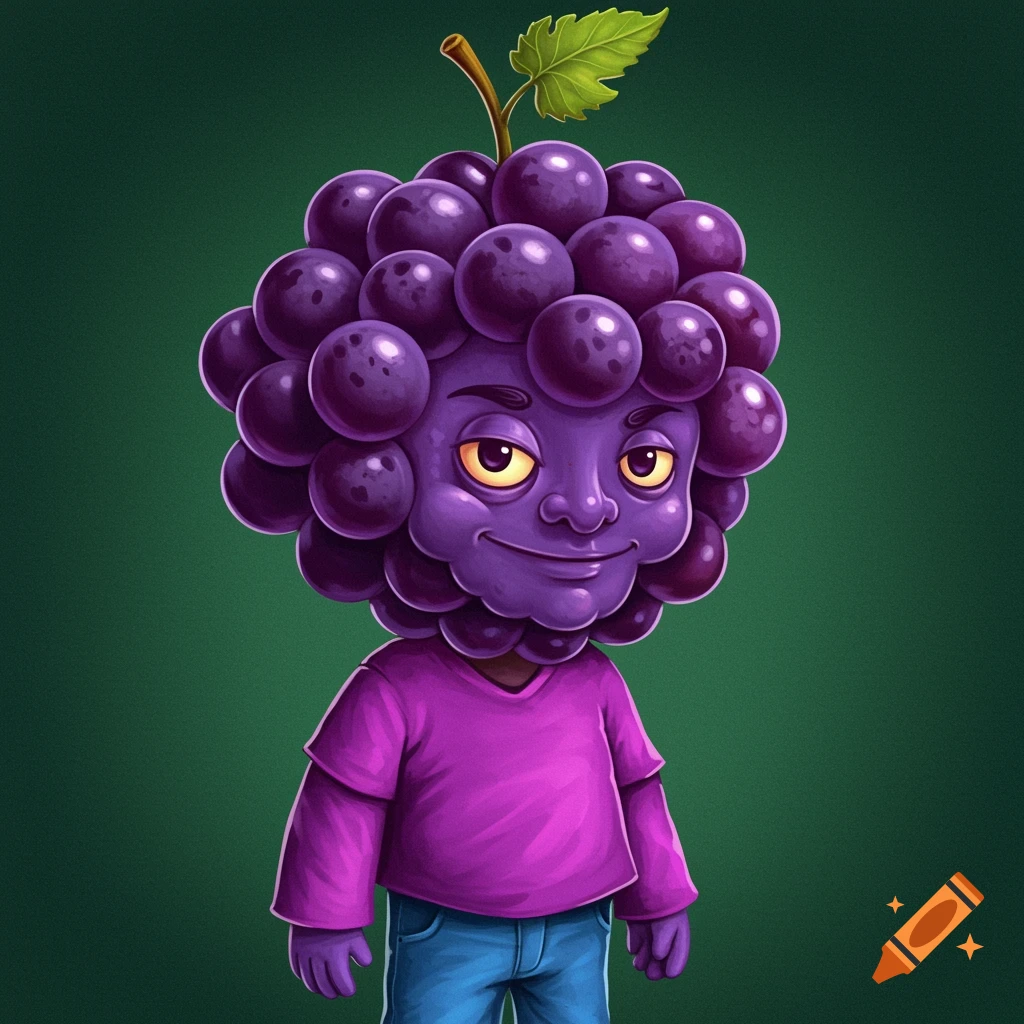 A cartoon character with a grape head, purple shirt, and blue jeans in ...
