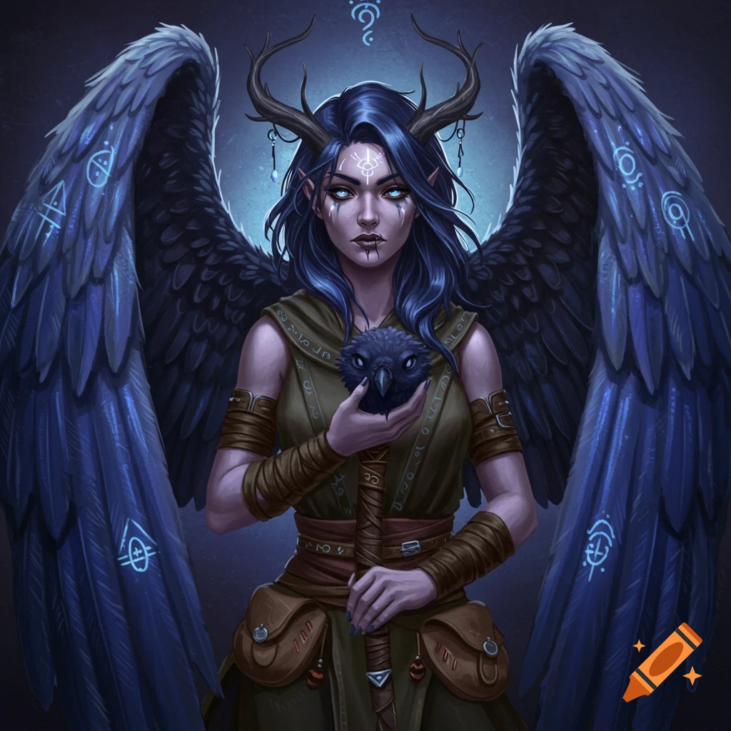 Tengu Duskwalker with cobalt blue wings on Craiyon